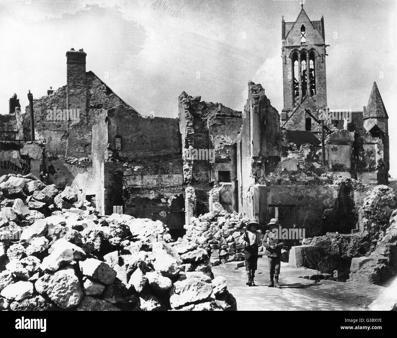 Two young boys pose amid the damage at Dormans, Marne, France showing ...
