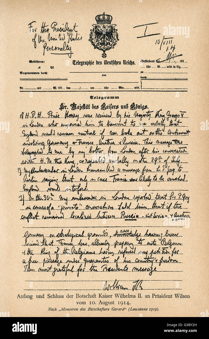 Telegram sent by Kaiser Wilhelm II to President Wilson Stock Photo - Alamy