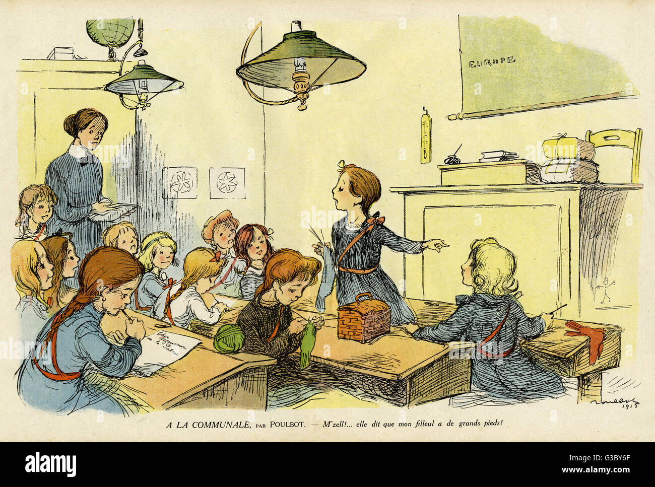Cartoon, French classroom scene, WW1 Stock Photo - Alamy
