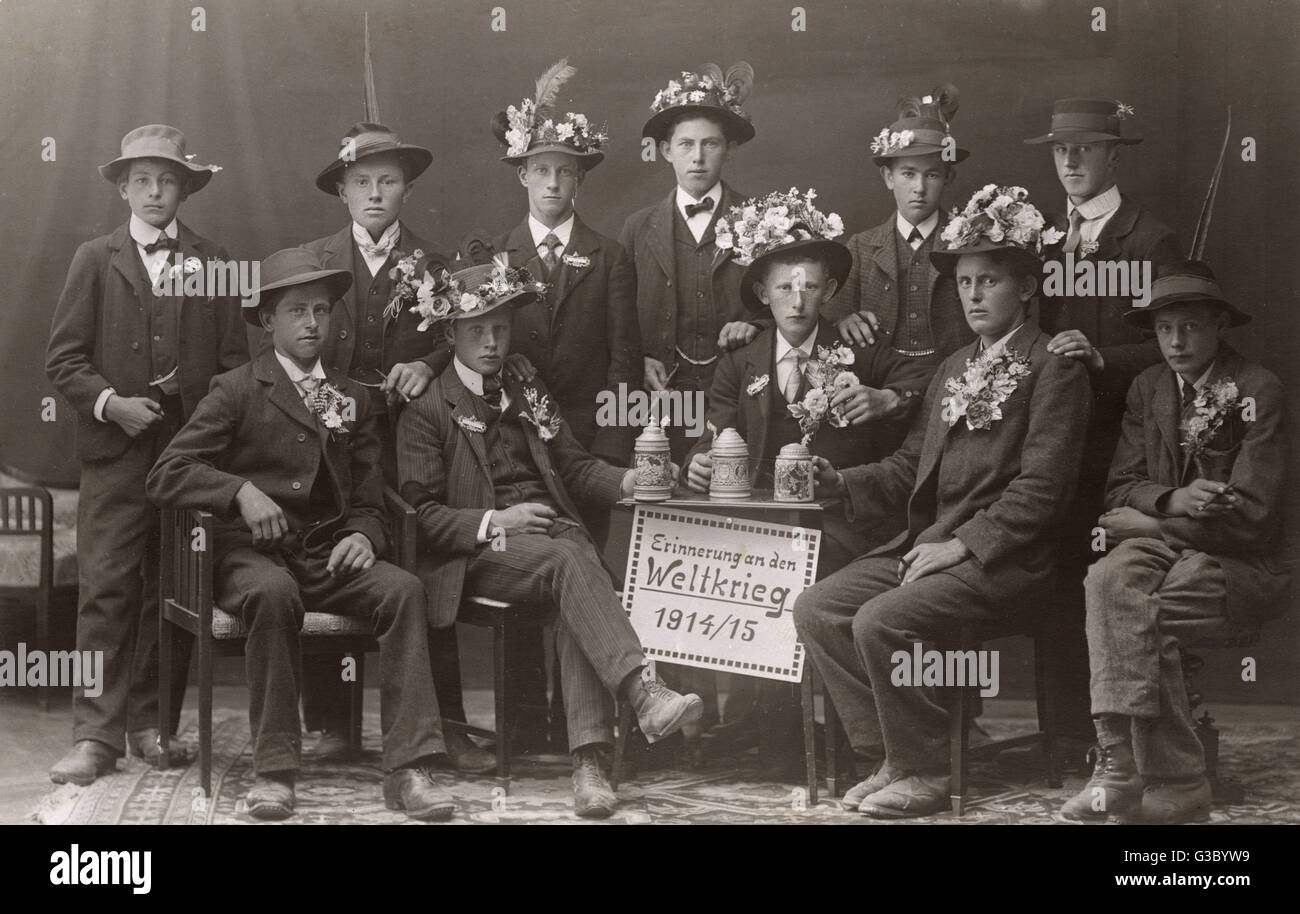Group photo, young men in flowered hats, WW1 Stock Photo - Alamy