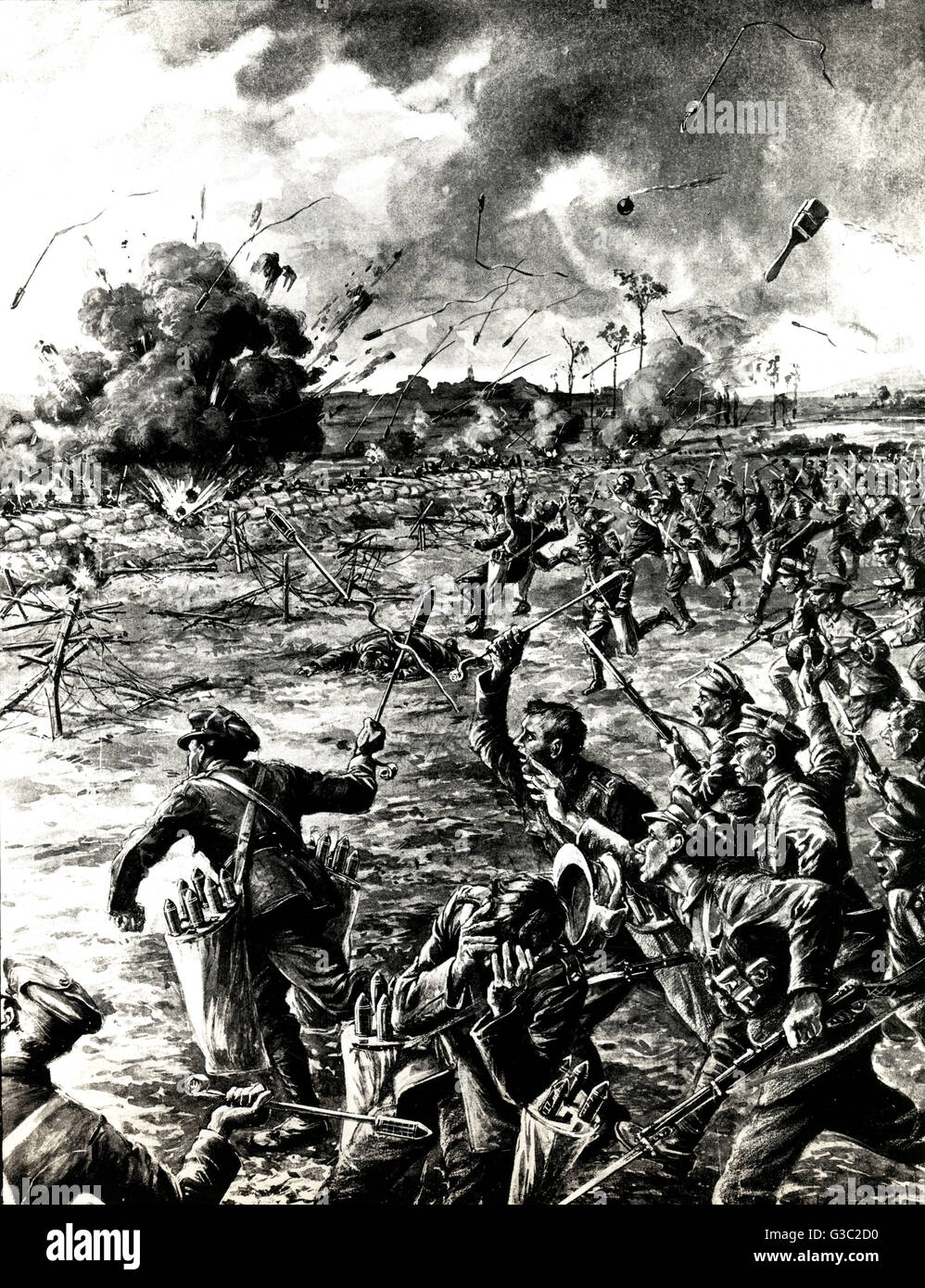 WW1 - Western Front - Soldiers charging into action towards battle. The ...