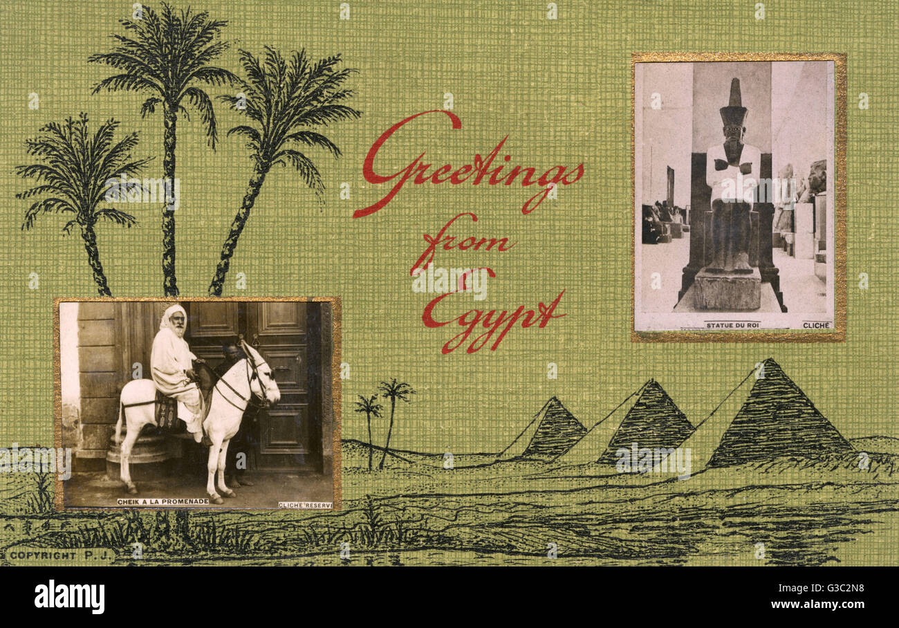 Greetings from Egypt - Pharaoh Statue and Sheik on a Mule Stock Photo ...