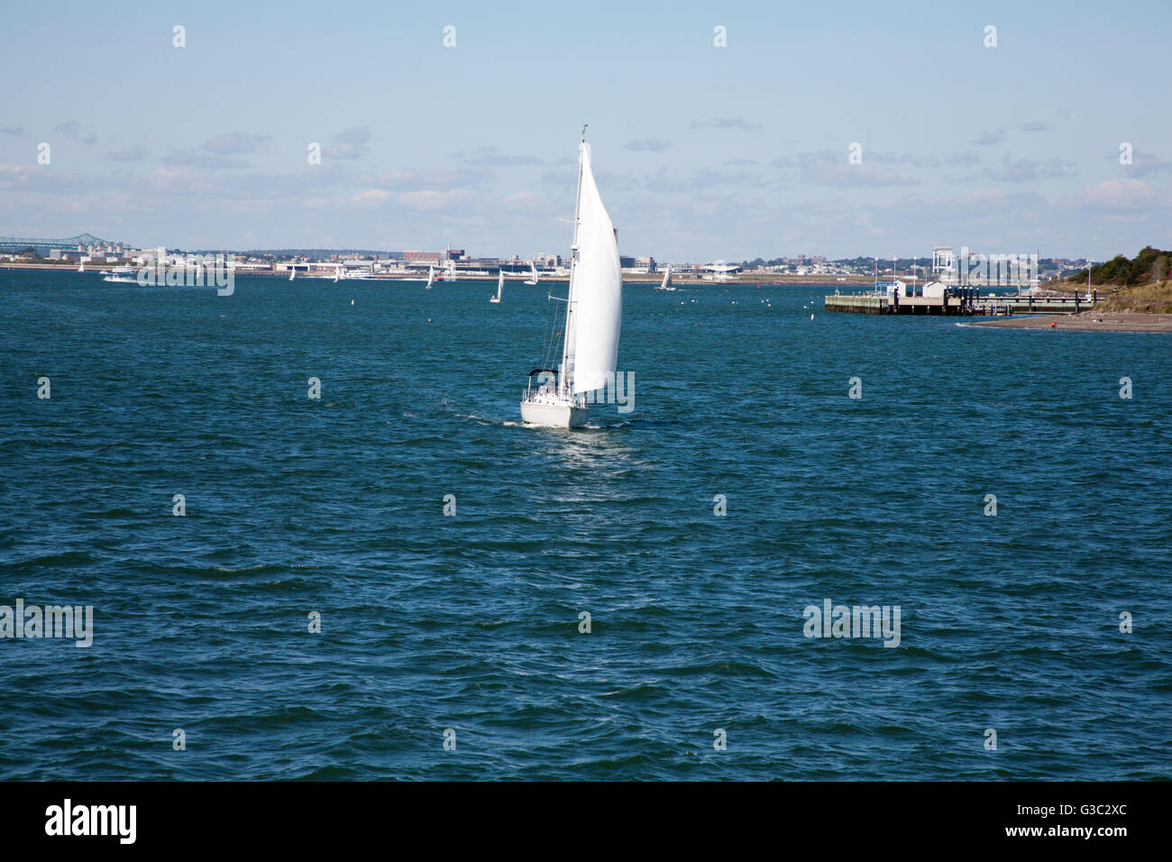 Yacht sailing around Boston harbor and islands an area of Massachusetts ...