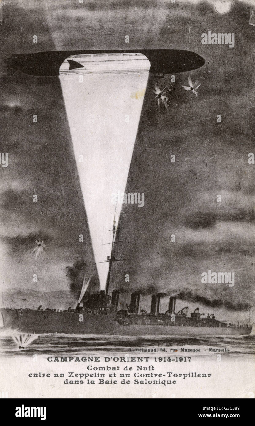 Thessaloniki - French Destroyer illuminates Zeppelin LZ85 Stock Photo ...