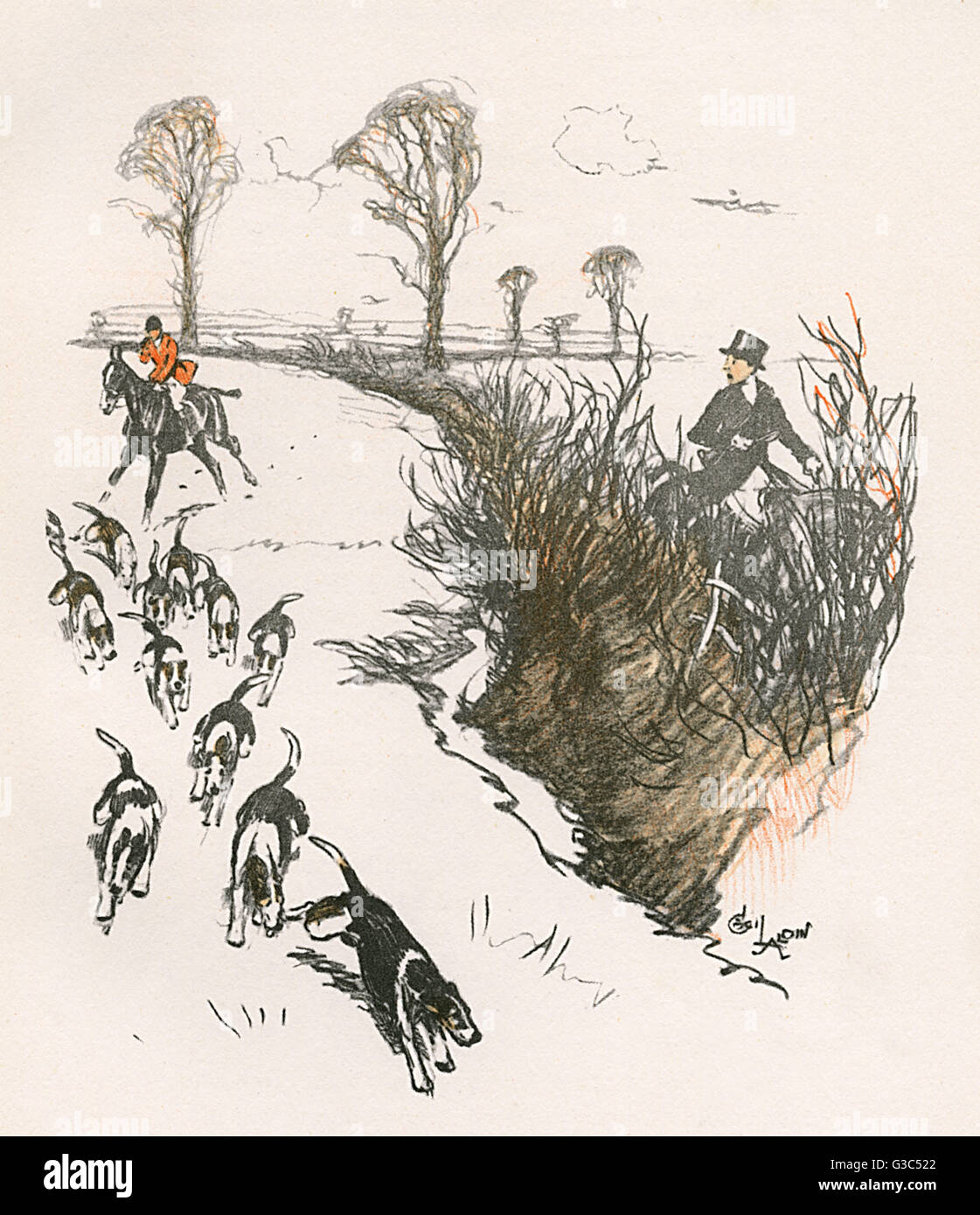 Foxhunters and hounds in pursuit of the fox Stock Photo - Alamy