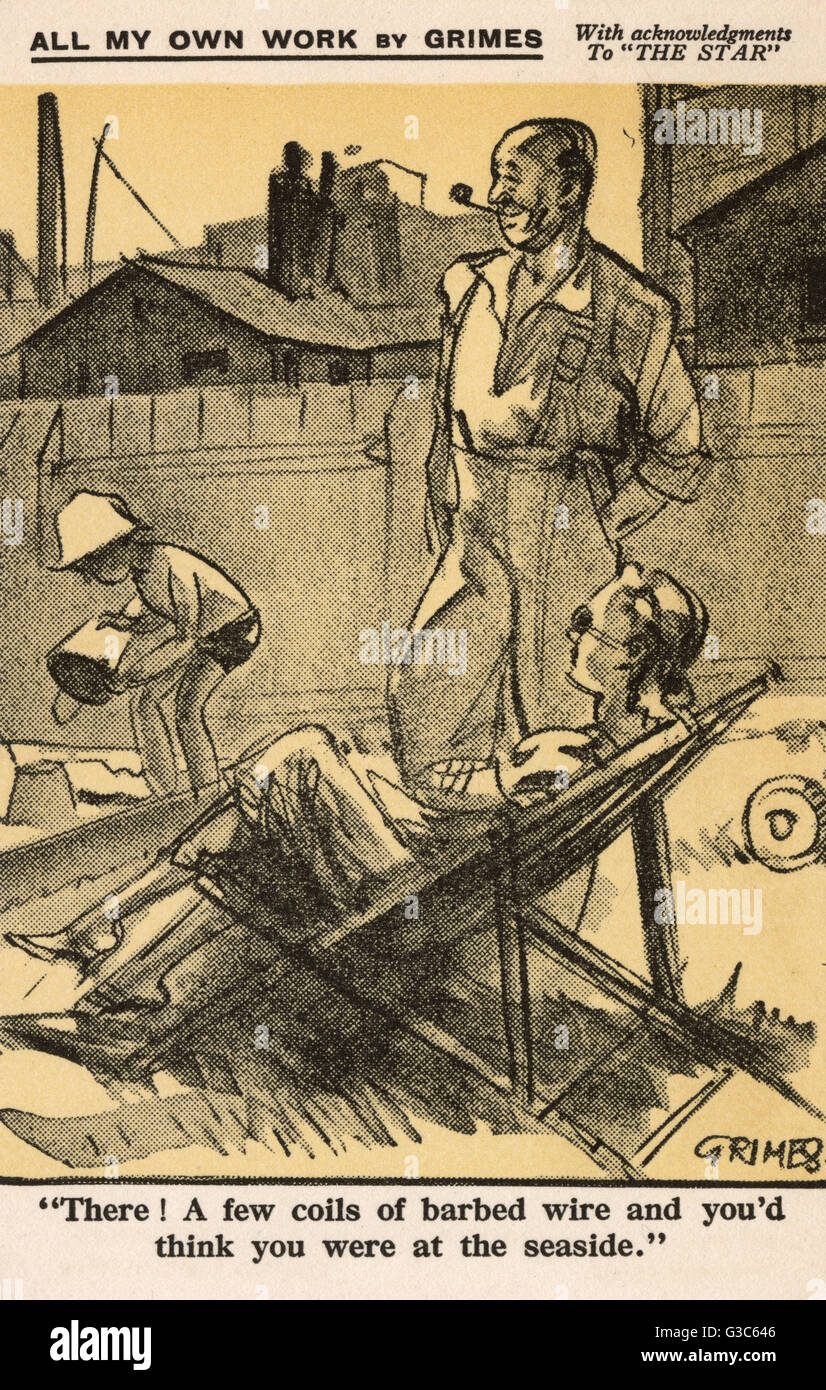 WW2 - Comic Postcard - Sandcastle with lack of barbed wire! Stock Photo ...