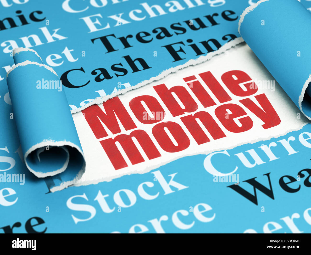 Banking concept: red text Mobile Money under the piece of torn paper ...