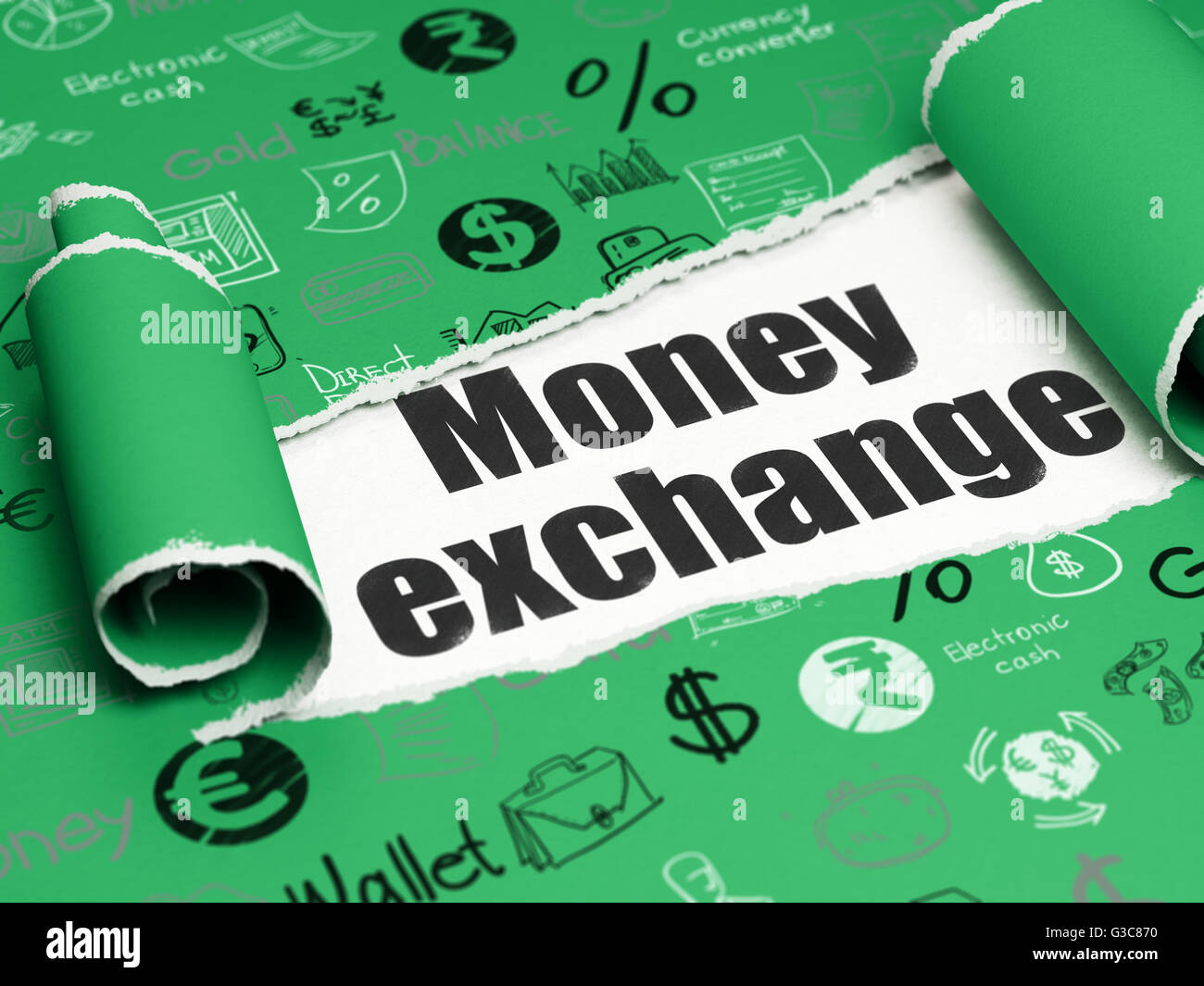 Money concept: black text Money Exchange under the piece of torn paper ...