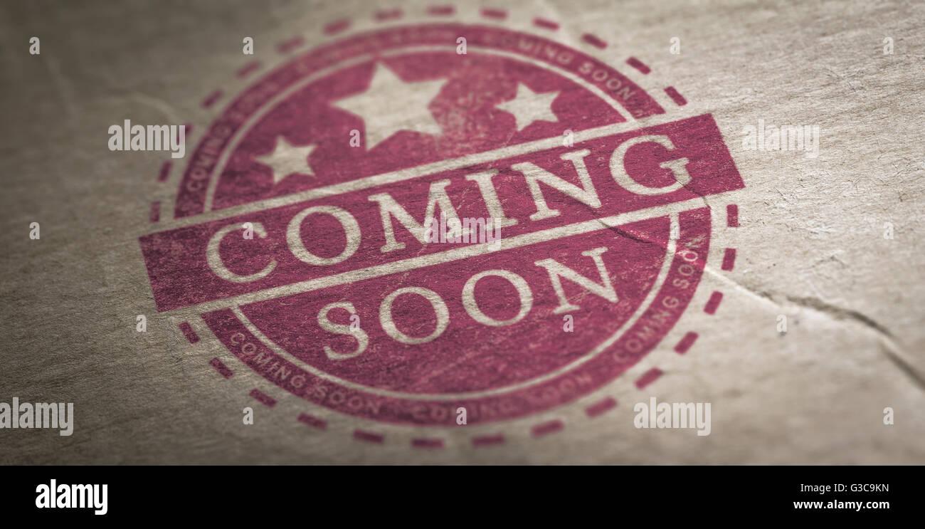 Coming soon stamp print on a cardboard texture, announcement concept ...
