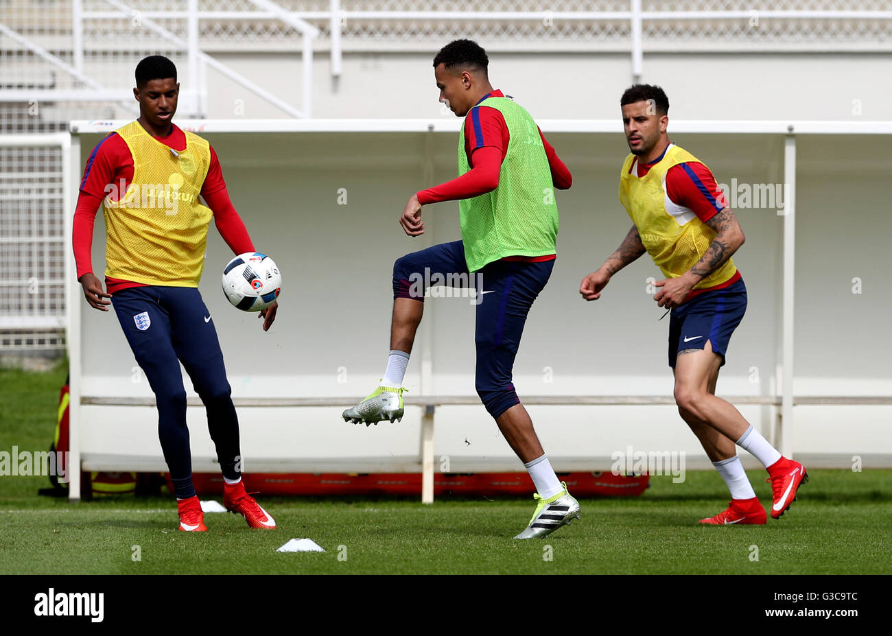 England's Deli Ali (center), Marcus Rashford (left) and Kyle Walker ...