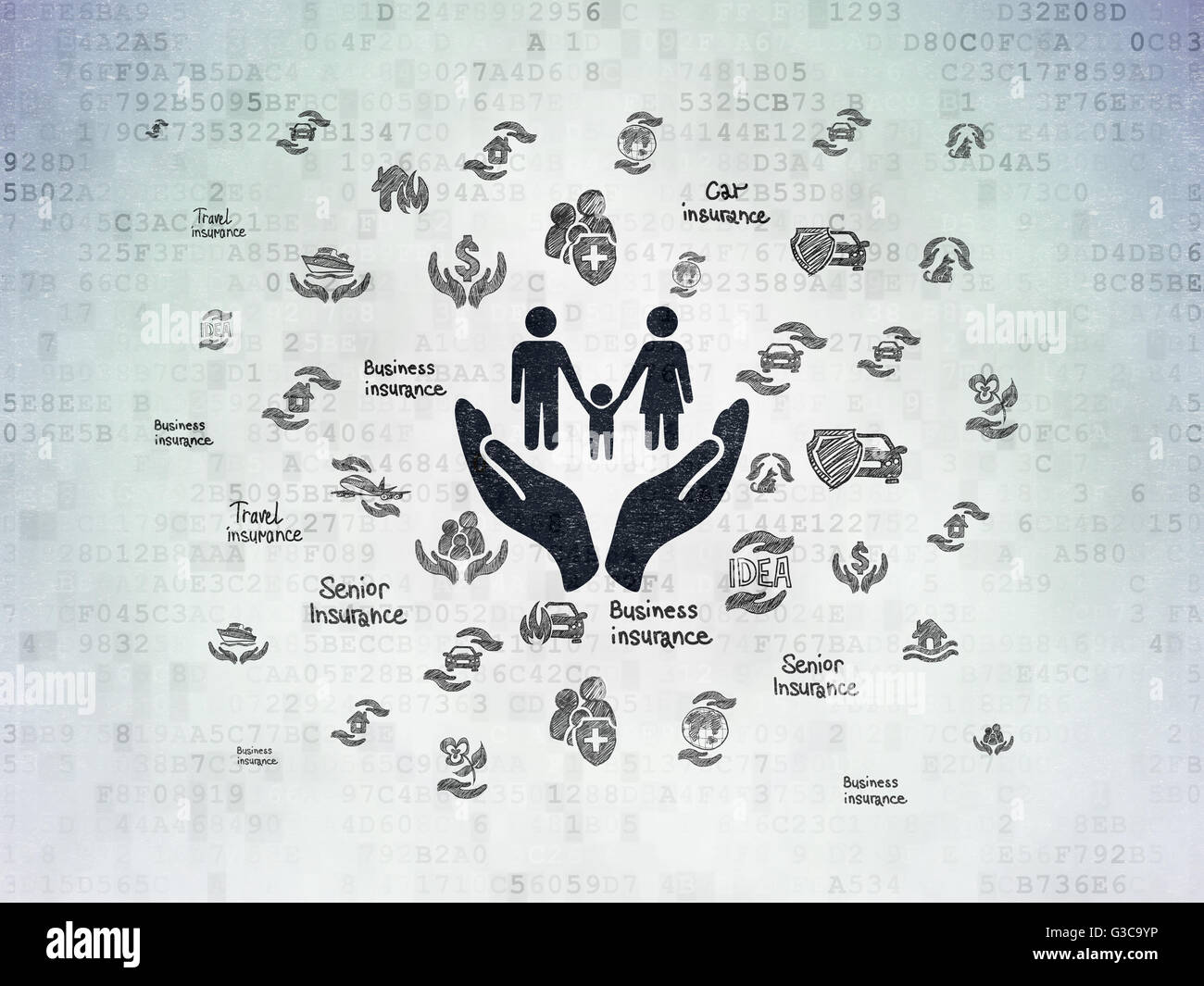 Insurance concept: Family And Palm on Digital Data Paper background ...