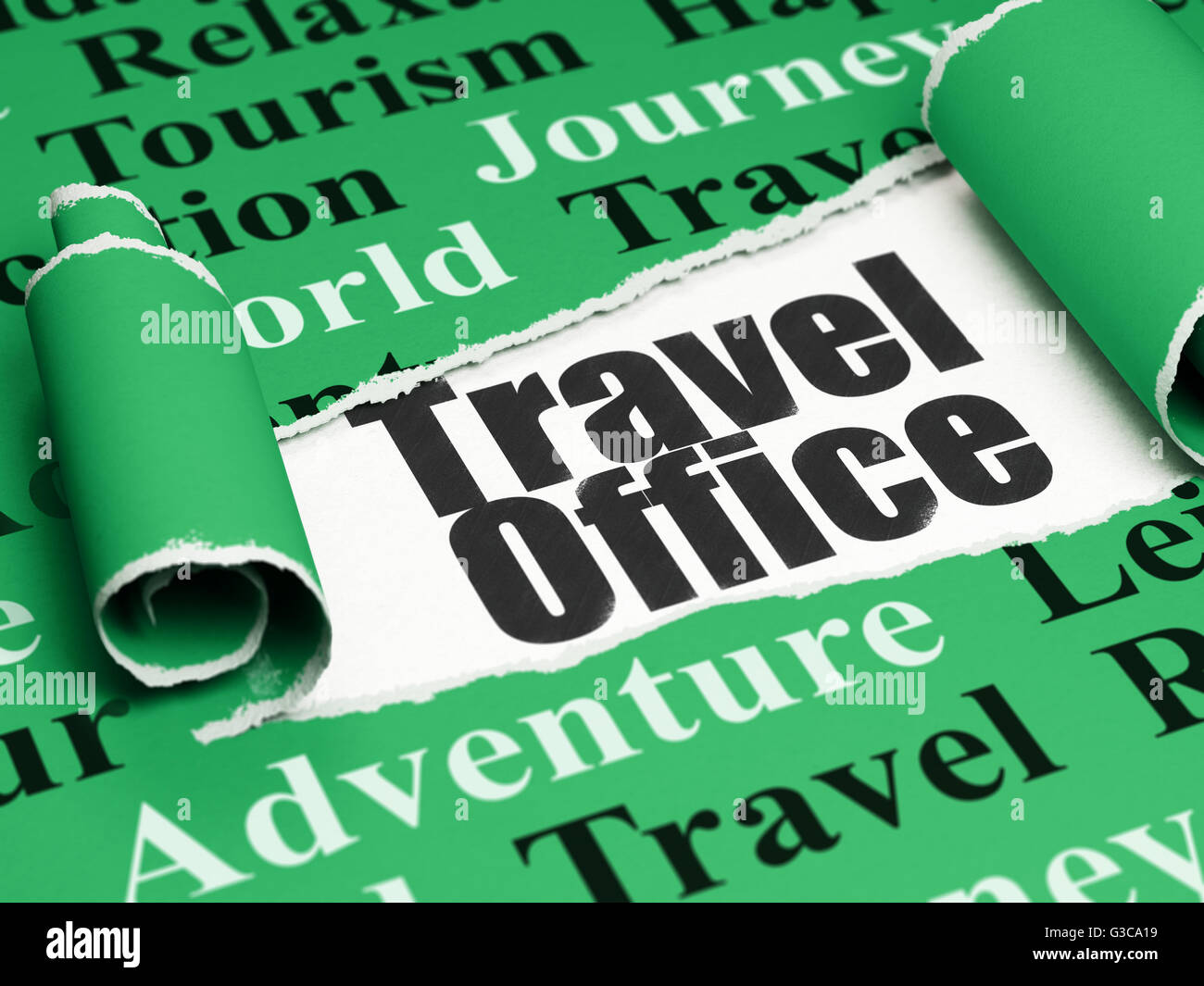 Travel concept: black text Travel Office under the piece of torn paper ...