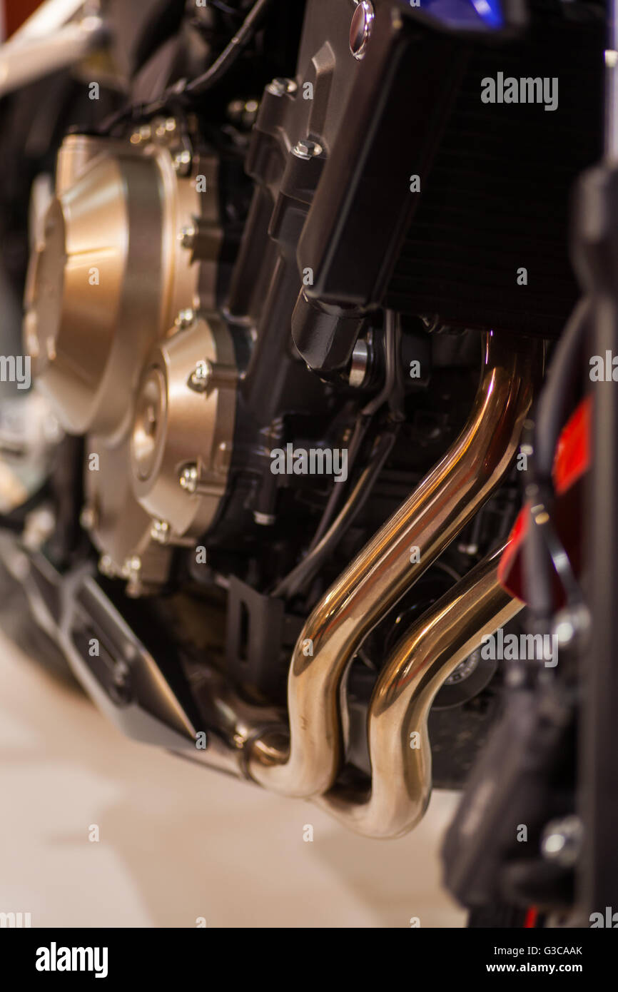 Detail of a motorcycle exhaust pipes and cylinders Stock Photo - Alamy