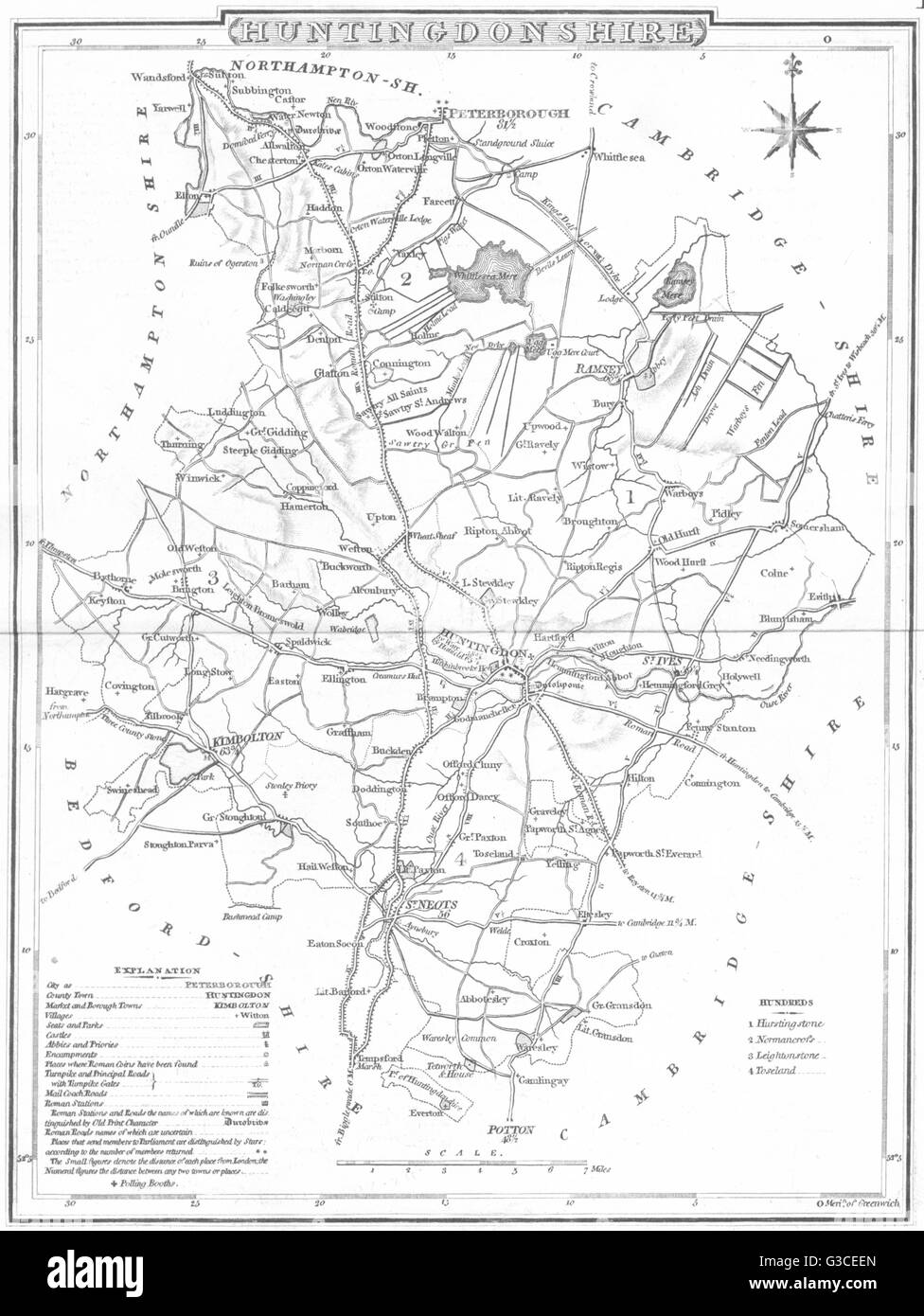 HUNTINGDONSHIRE: County map. Polling places. Coach roads. DUGDALE, 1845 ...