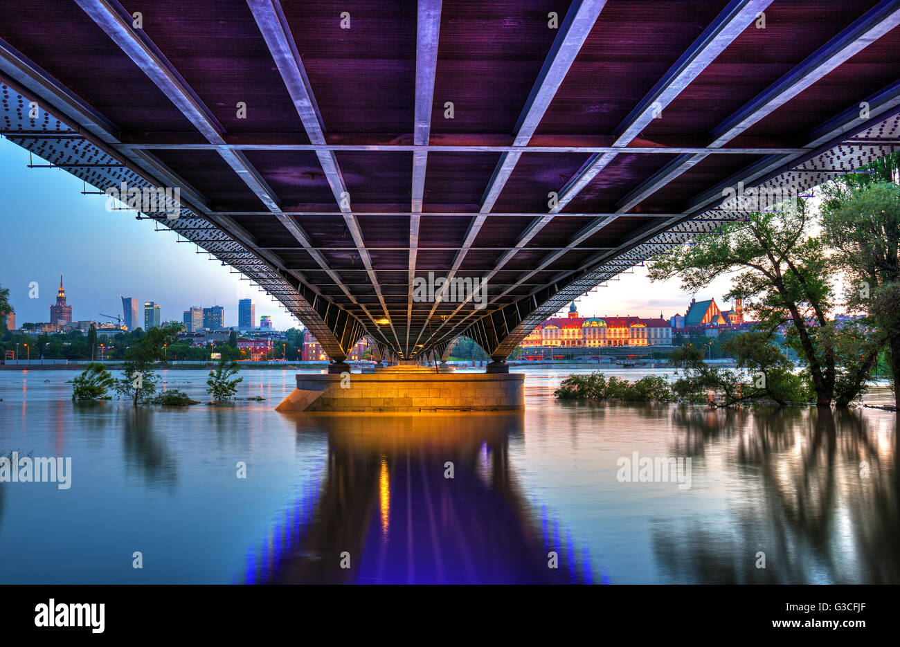 View from the steel bridge to Warsaw at dusk. Bridge Slasko-Dabrowski ...