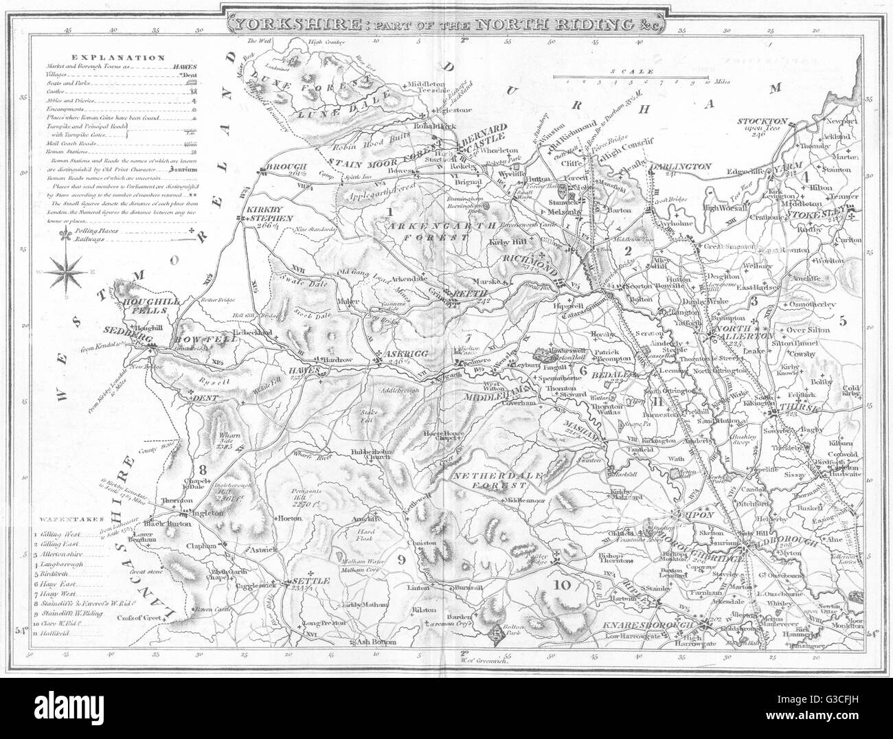YORKSHIRE NORTH RIDING PART: County map.Polling places Coach roads ...