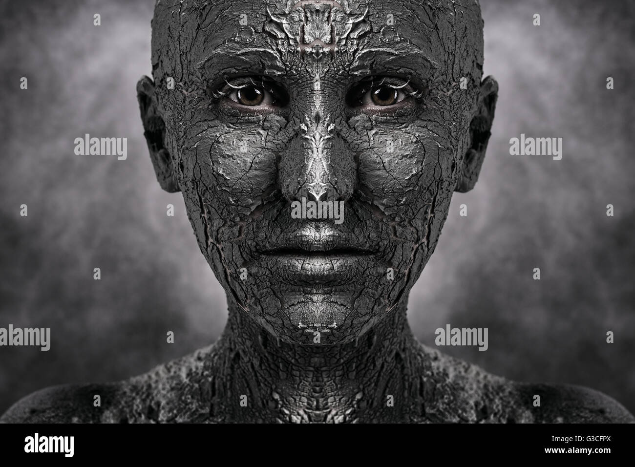 Symmetrical terrible face with cracked skin Stock Photo - Alamy