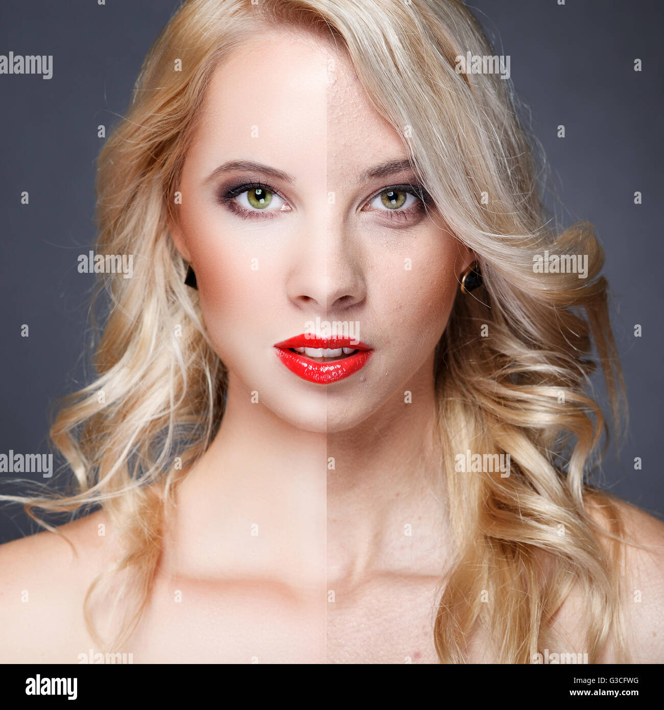 Retouch,face of beautiful young woman before and after retouch Stock ...