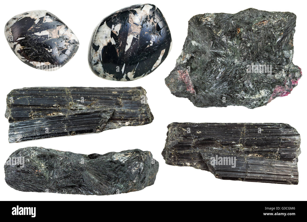 set of aegirine crystals in stone, druse, rock isolated on white ...