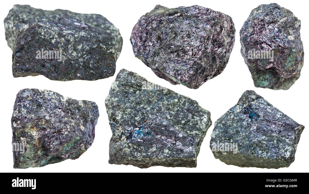 set of bornite mineral stones (peacock copper ore) isolated on white ...