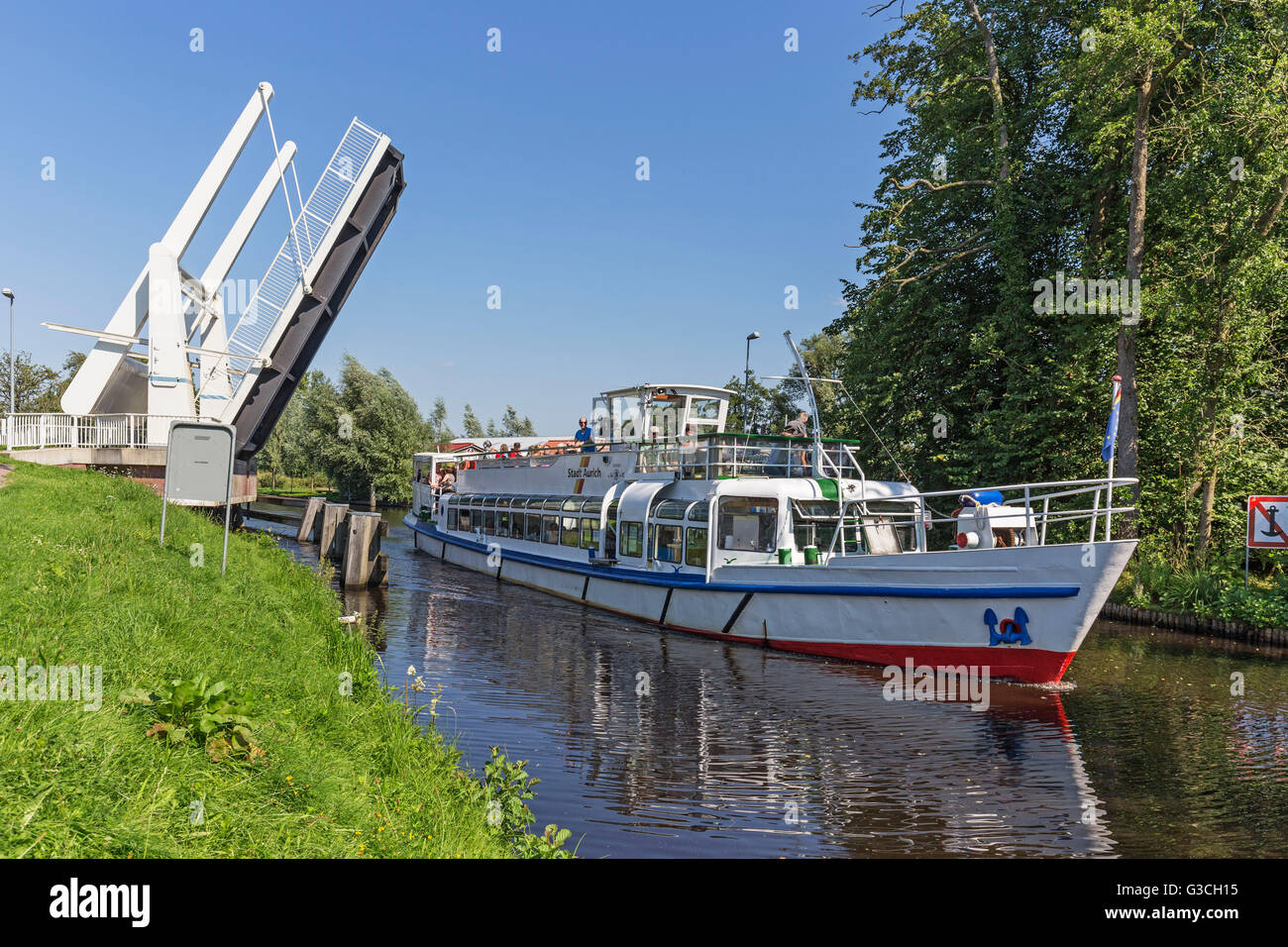 Excursion boat 'MS Stadt Aurich' on the cruise to Emden, is passing the ...