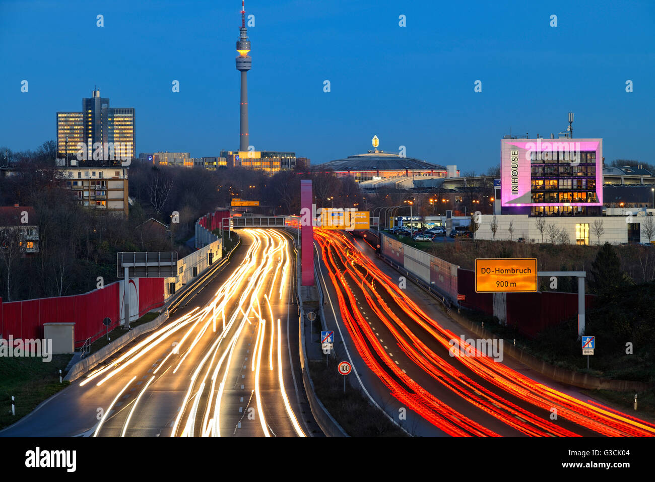 Skyline of Dortmund with view on the A 40, Florian Tower and ...