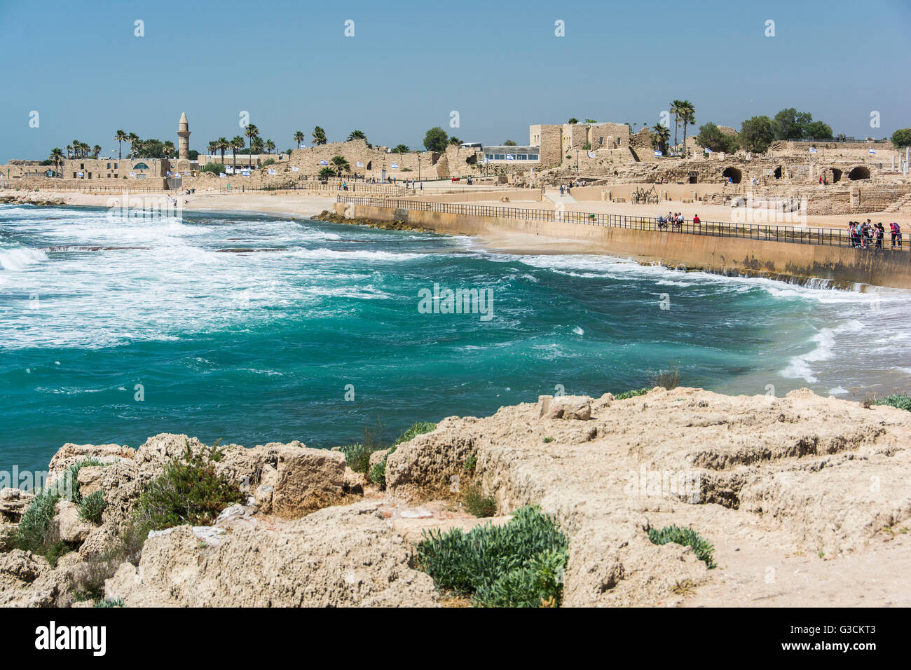 Caesarea, Israel, seaport, excavations, harbour, sea, waves, mosque ...