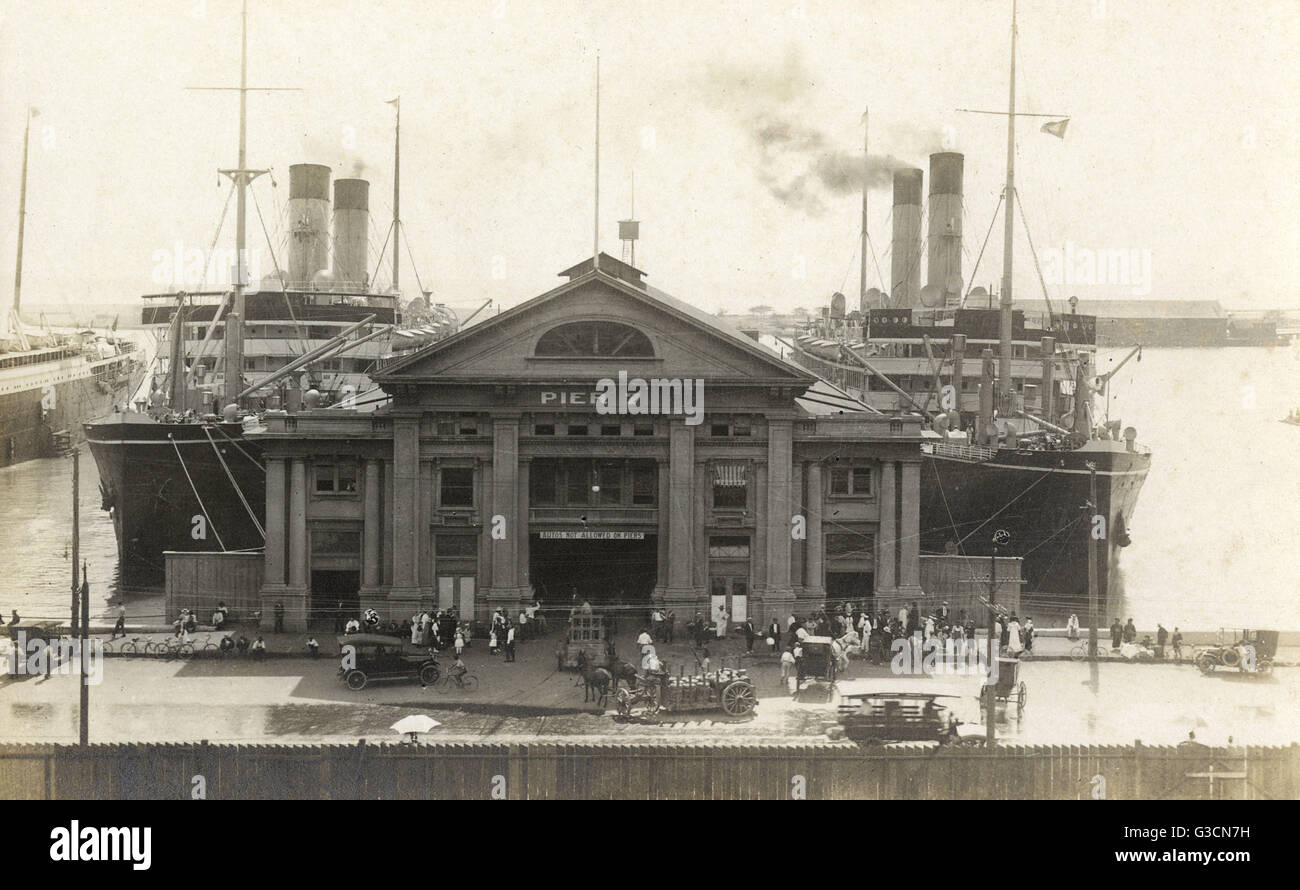 Entrance to Pier 7 at Alakea Street Dock with two steamers, Honolulu ...