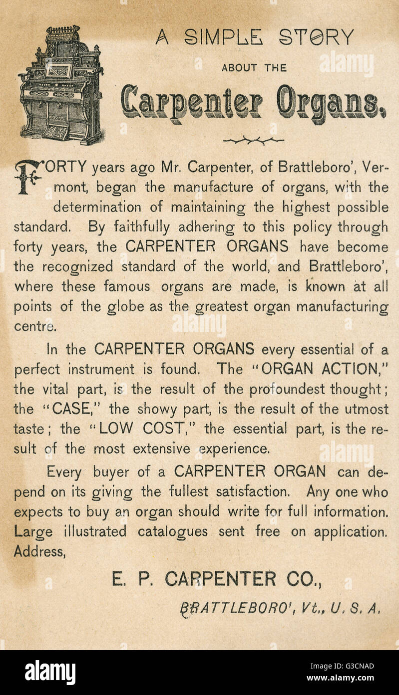 Advert for E P Carpenter Company, Brattleboro, Vermont, USA Stock Photo ...