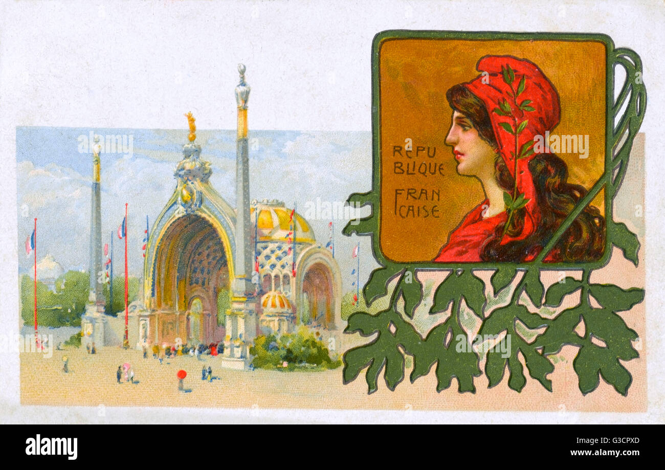 Paris Exposition of 1900 and inset portrait of Marianne Stock Photo - Alamy
