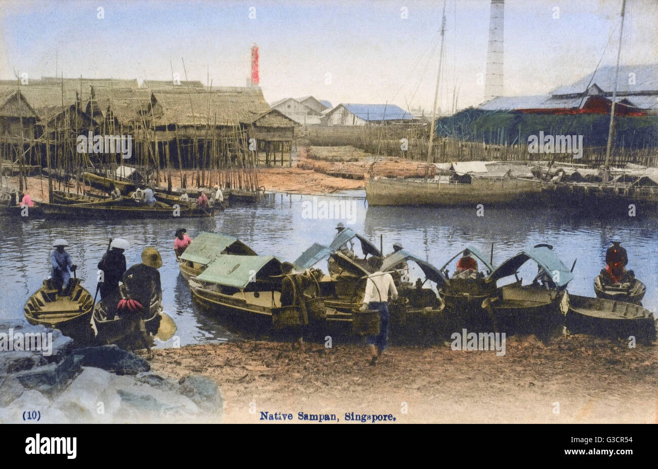 Singapore - Native Sampan boats moored on the riverbank Date: 1911 ...