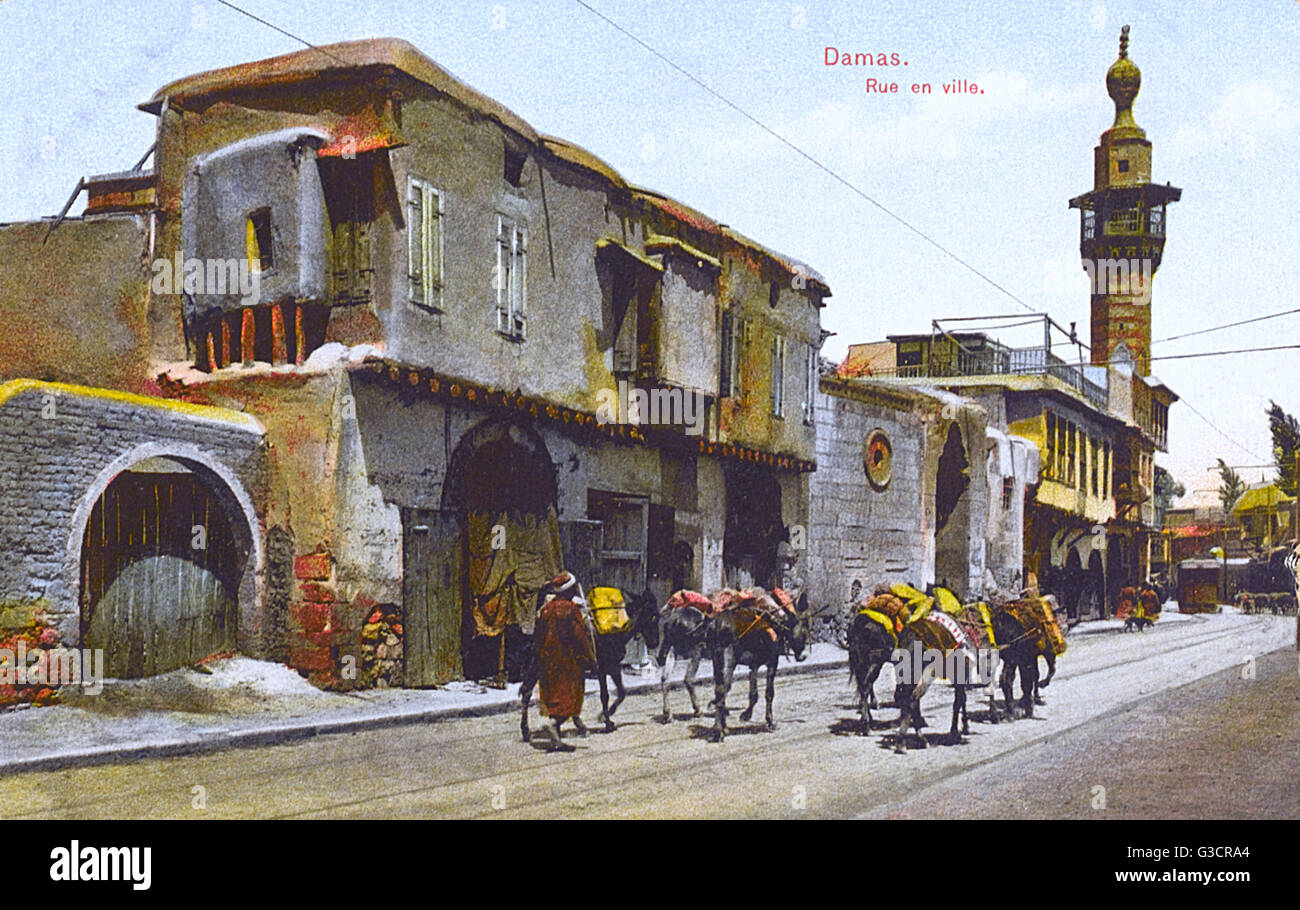 Damascus, Syria - Street Scene with Mule train and Minaret Stock Photo ...