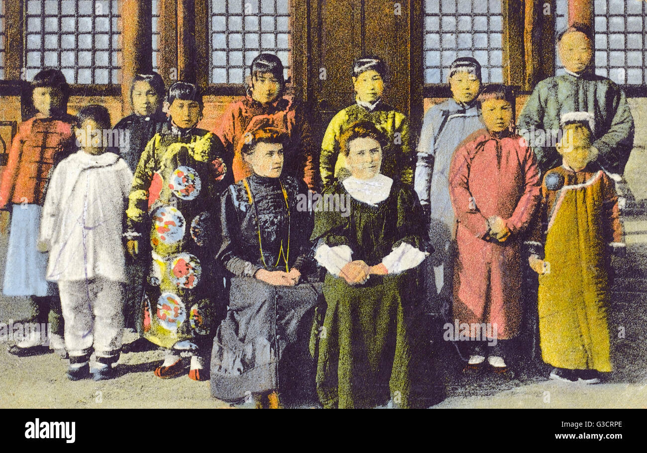 Two Female Missionaries in China and local converts, both young and old ...