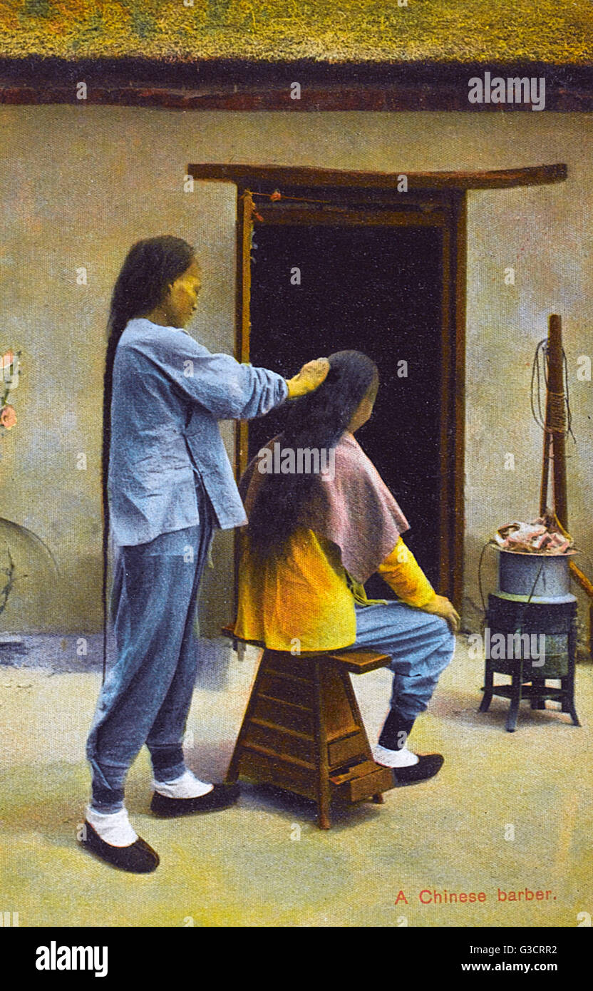 China - A Chinese Barber, preparing a long pigtail Stock Photo - Alamy