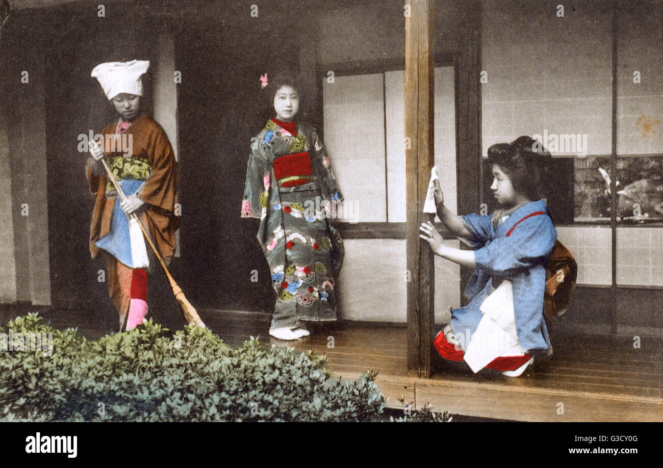 Japan - Geisha Girl - posing at home with two house staff Stock Photo ...