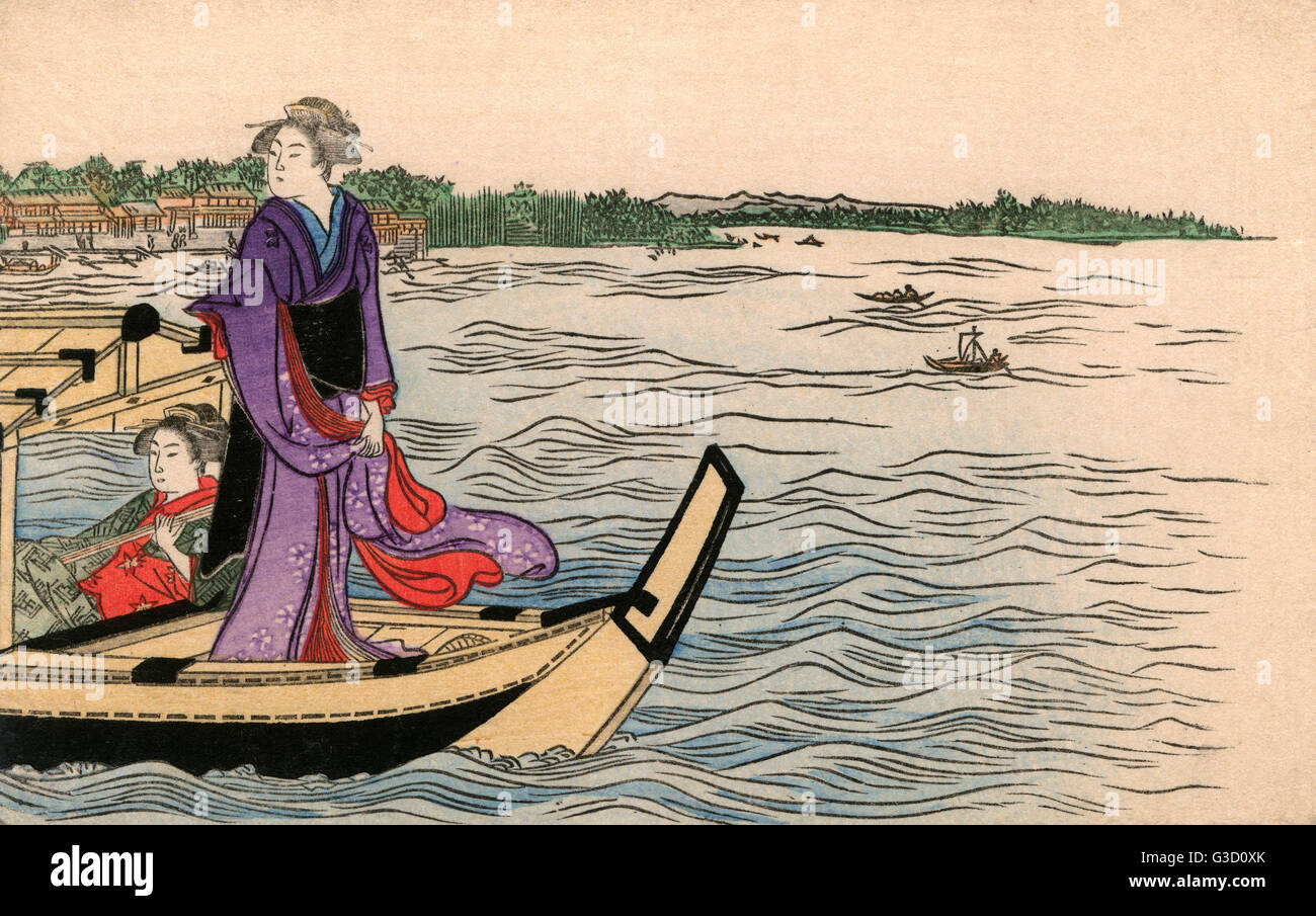 Two pretty Japanese women on a riverboat Stock Photo - Alamy