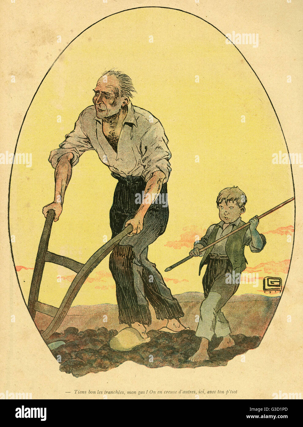 Cartoon, Old and young working on the land, WW1 Stock Photo - Alamy