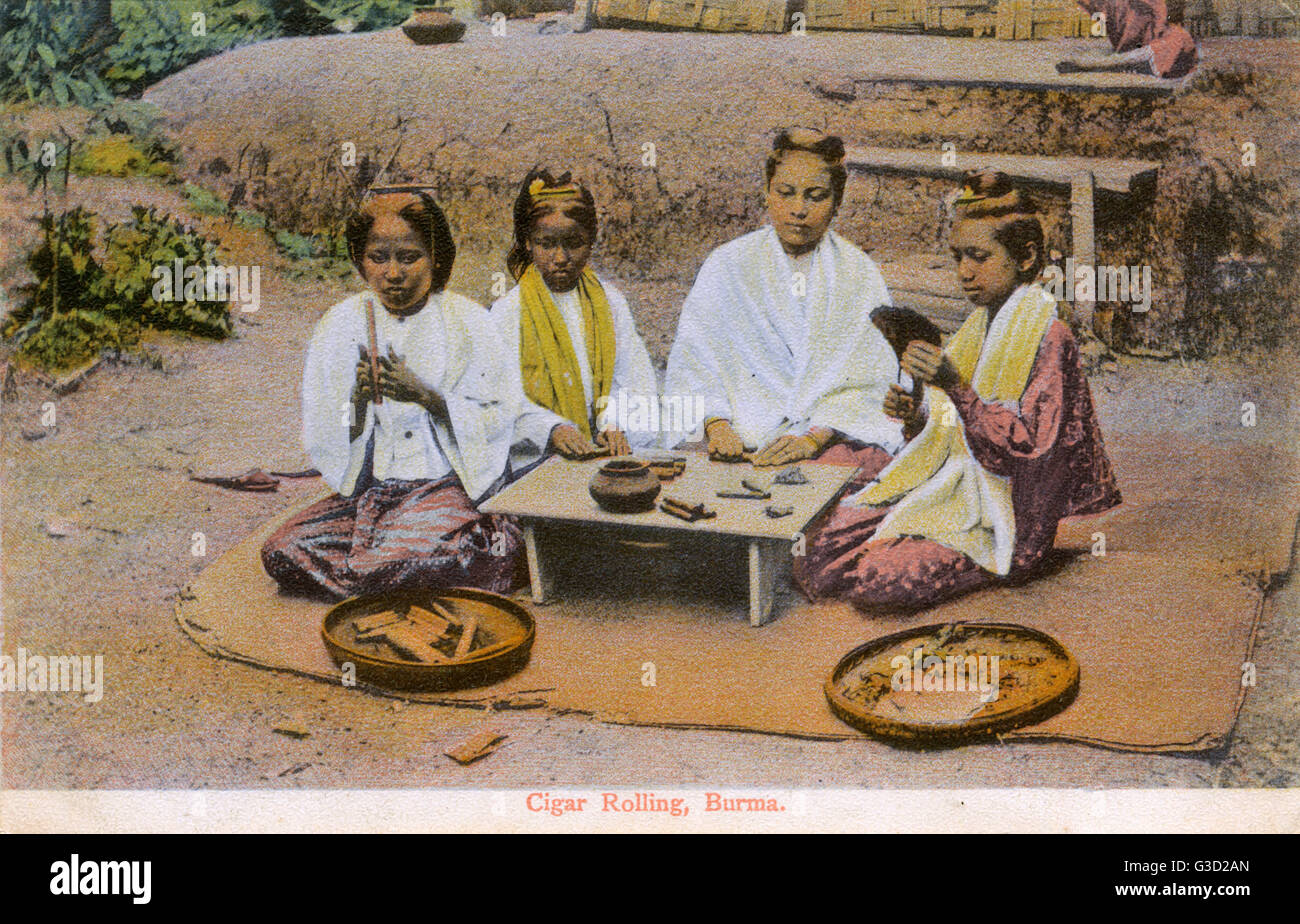 Myanmar - Burmese women rolling leaf tobacco into large cheroot cigars ...