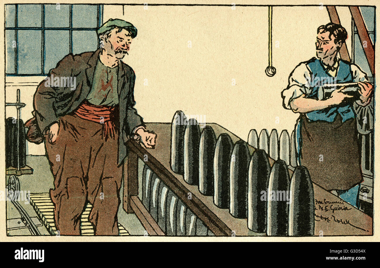 Cartoon, Men in munitions factory, WW1 Stock Photo - Alamy