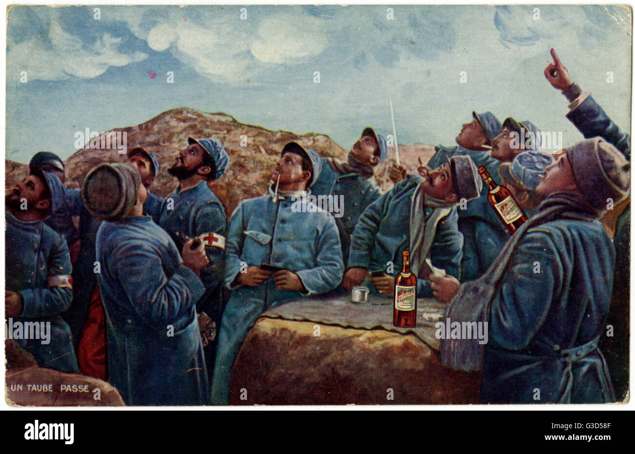 WW1 - French troops watch a German Taube Aircraft pass over Stock Photo ...