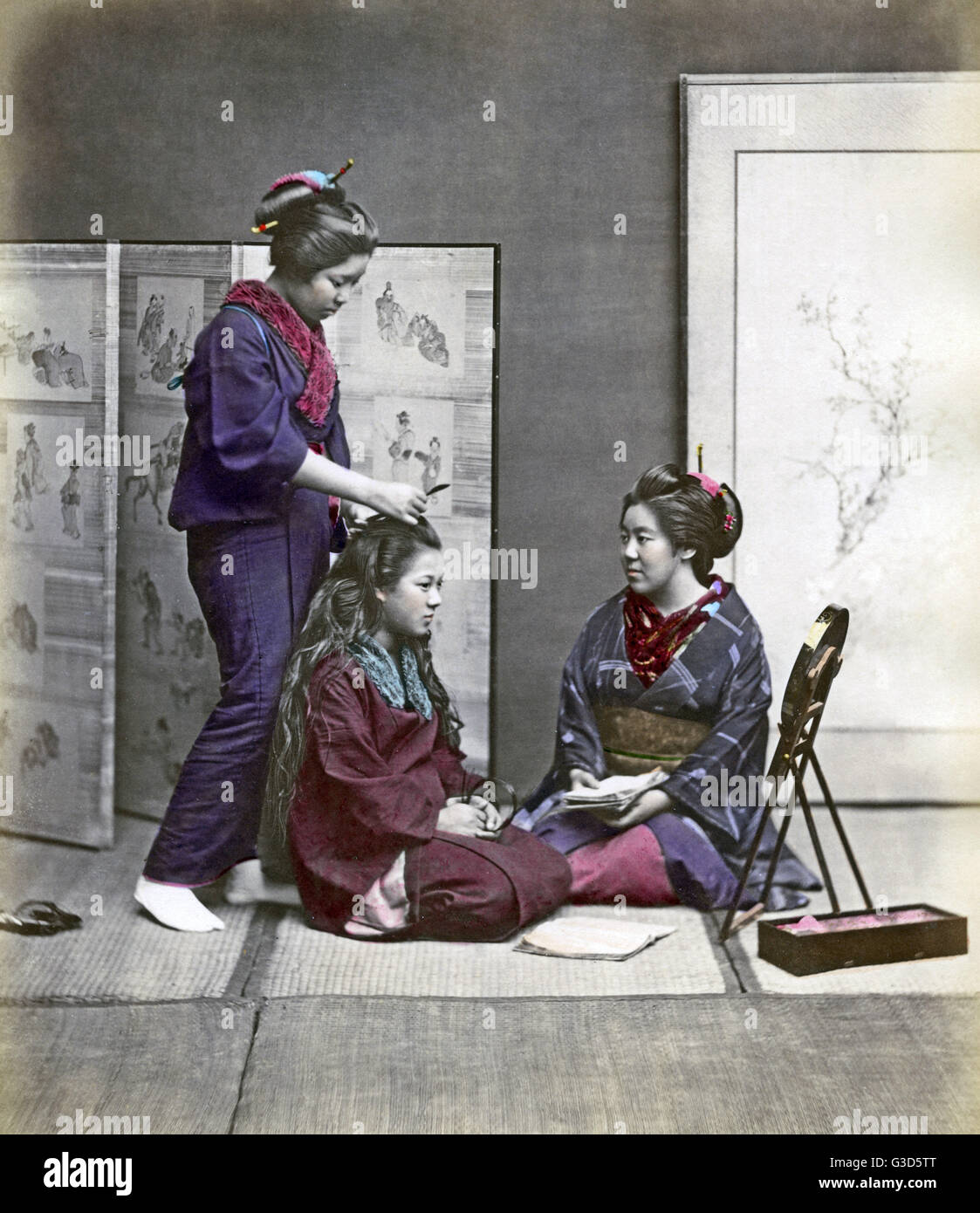 Young women doing their hair, Japan, circa 1880s Stock Photo - Alamy
