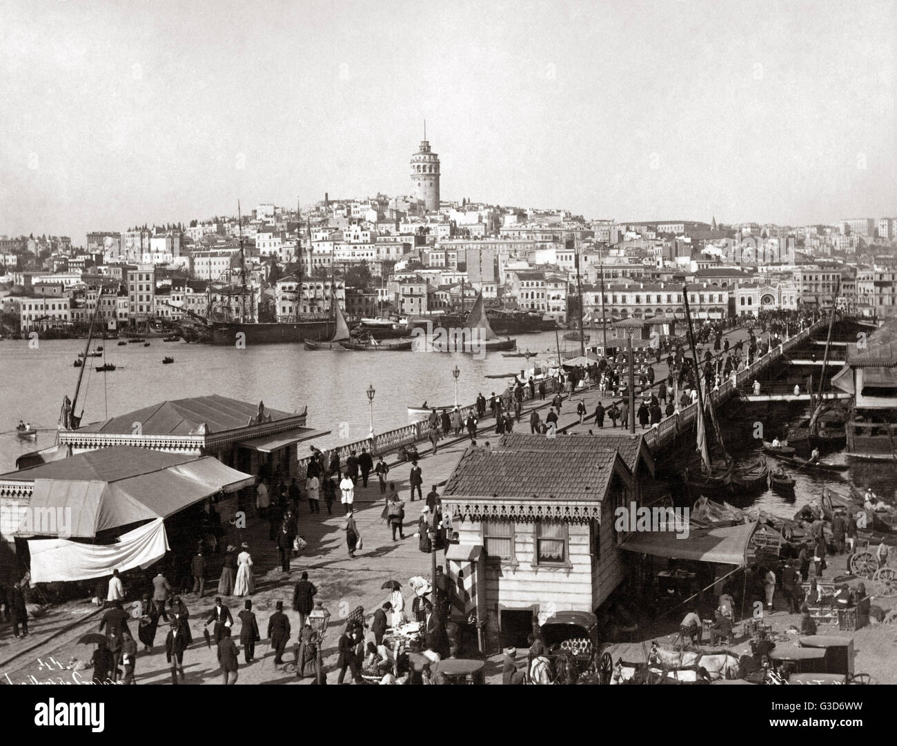 Galata Bridge, Constantinople, (Istanbul), Turkey, circa 189 Stock ...