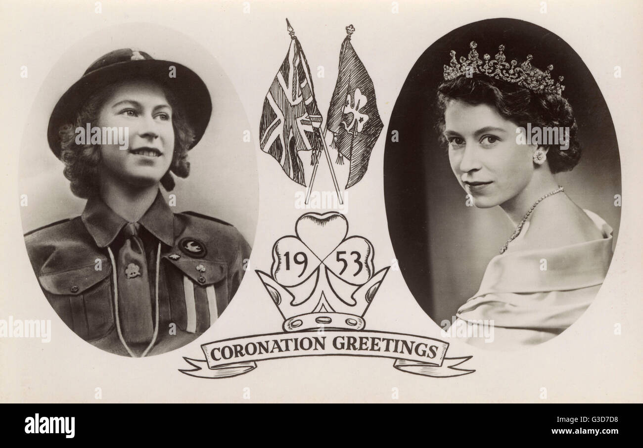 Coronation Greetings Card - Girl Guide Association - two portraits of ...