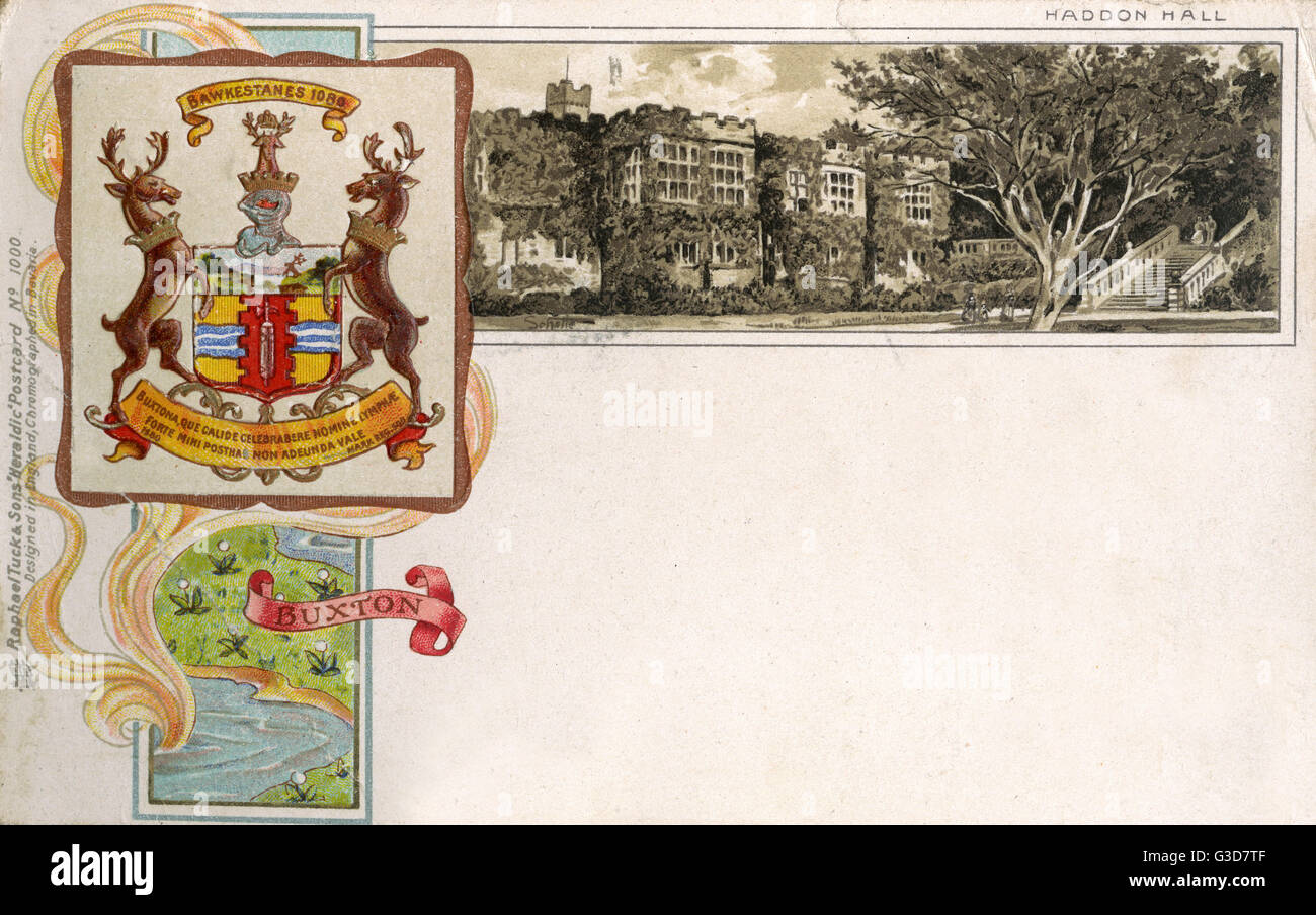 The Coat of Arms of Buxton and view of Haddon Hall Stock Photo - Alamy