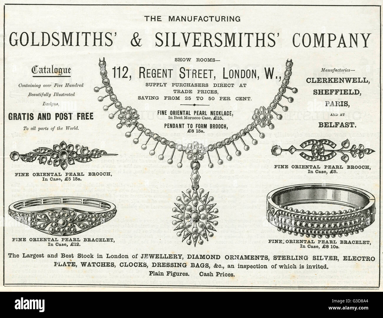 Advert for Goldsmiths & Silversmiths jewellery 1884 Stock Photo - Alamy