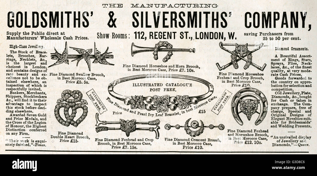 Advert for Goldsmiths & Silversmiths jewellery 1887 Stock Photo - Alamy