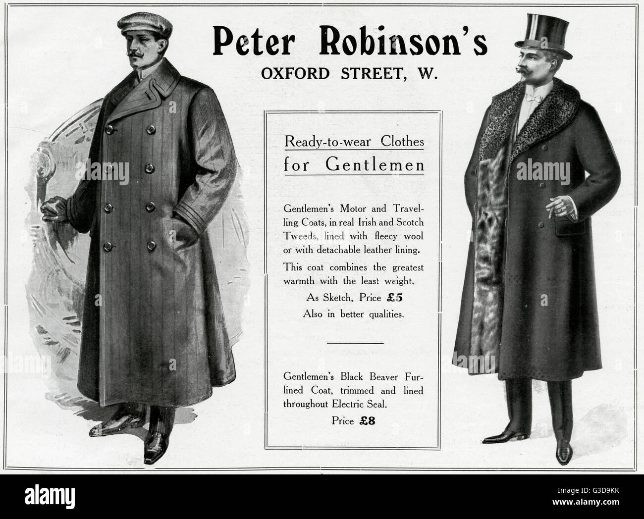 Advert for Peter Robinson's men's motor coats 1909 Stock Photo - Alamy