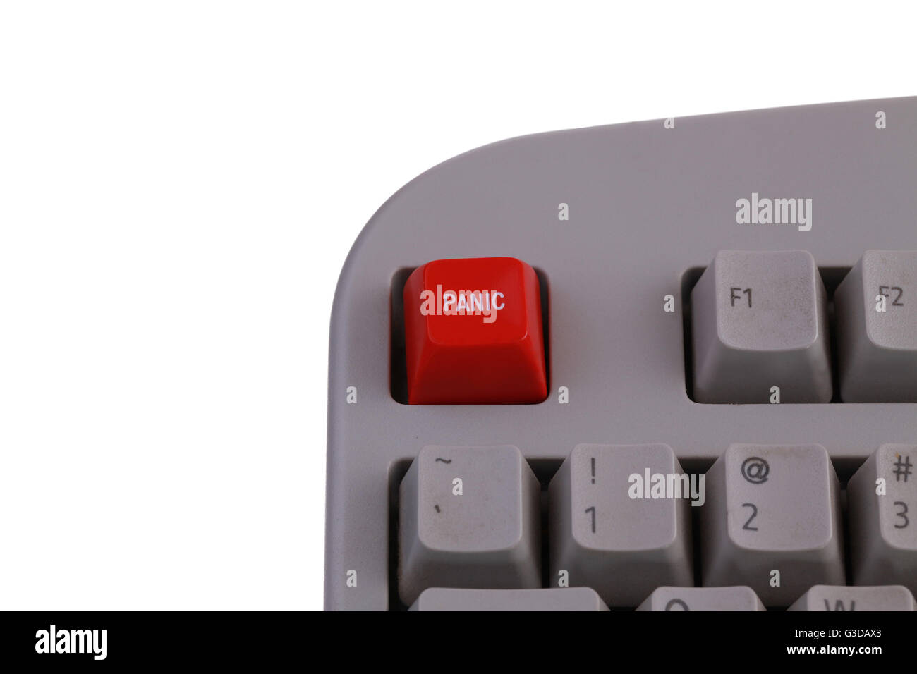 Red panic button in the corner of gray keyboard technology Stock Photo ...