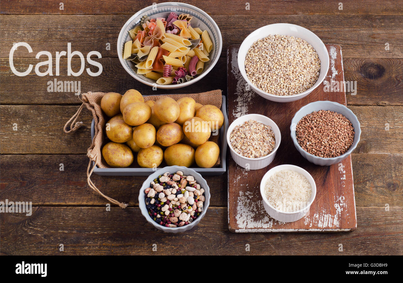 Healthy Food: Best Sources of Carbs on a rustic wooden background. Top ...