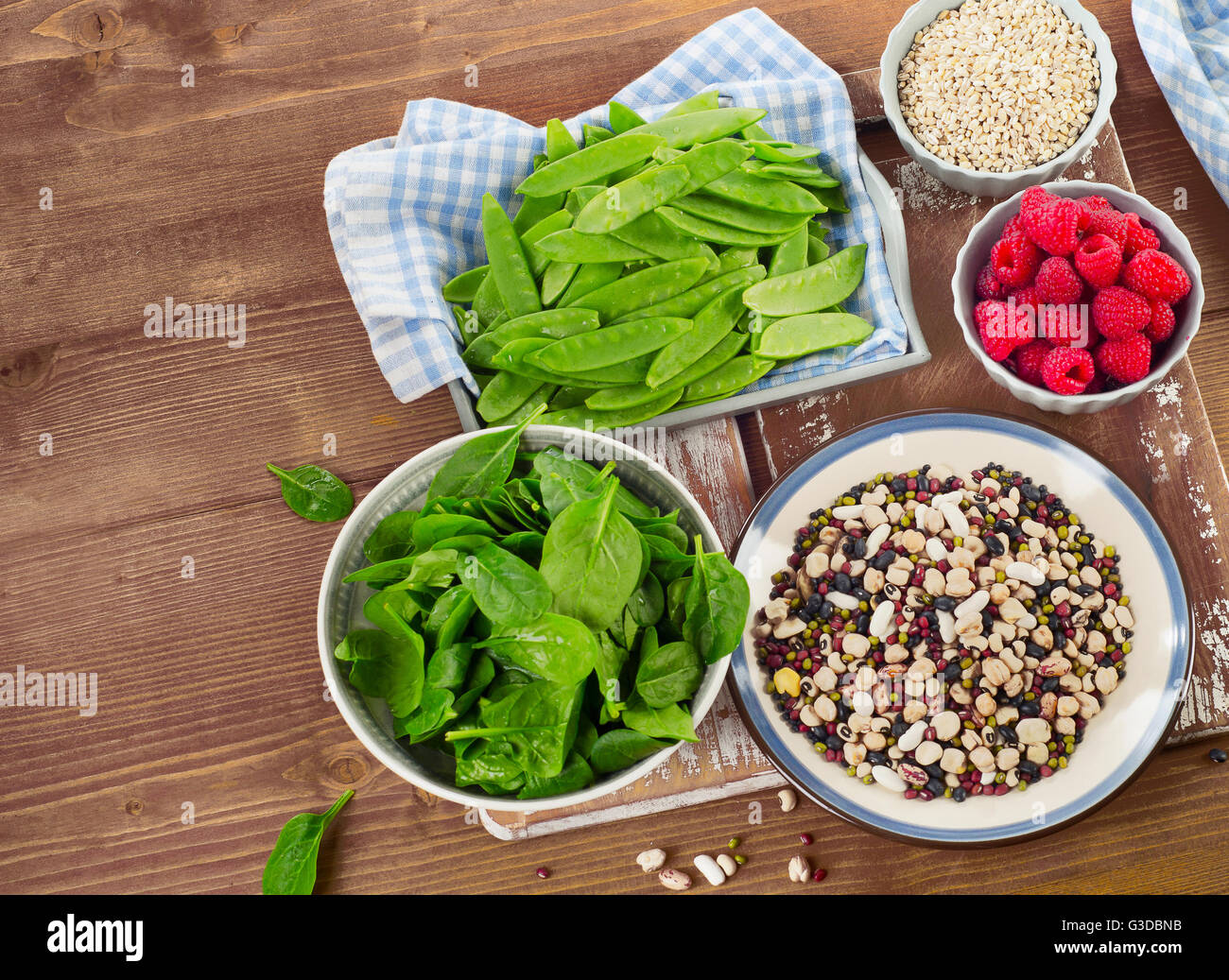 High Fiber Foods on a rustic wooden background. Top view Stock Photo ...